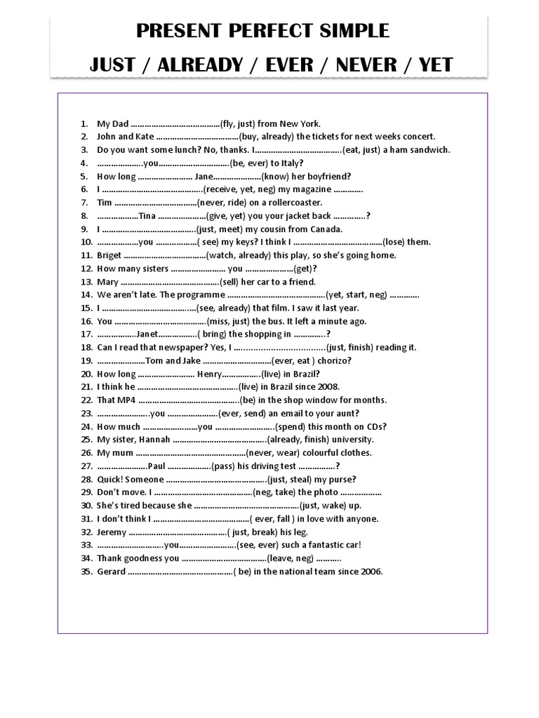 Present Perfect With Just Already Yet Since and For | PDF | Games ...