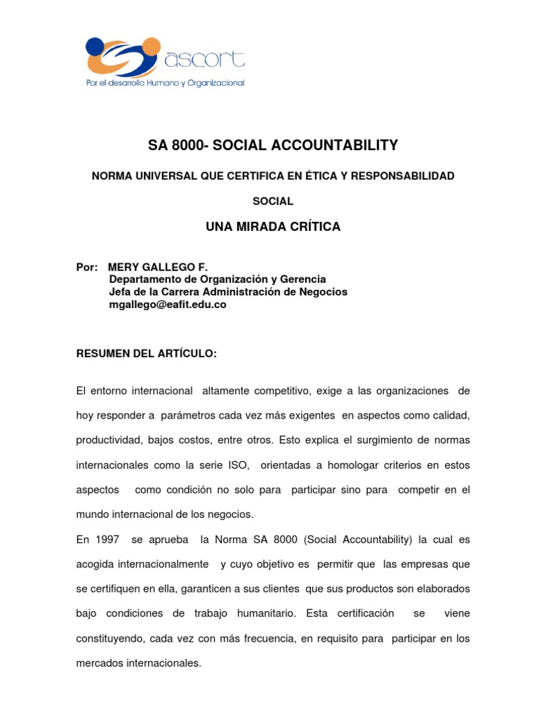 Norma SA 8000: Ética y Responsabilidad Social | PDF | Responsabilidad ...