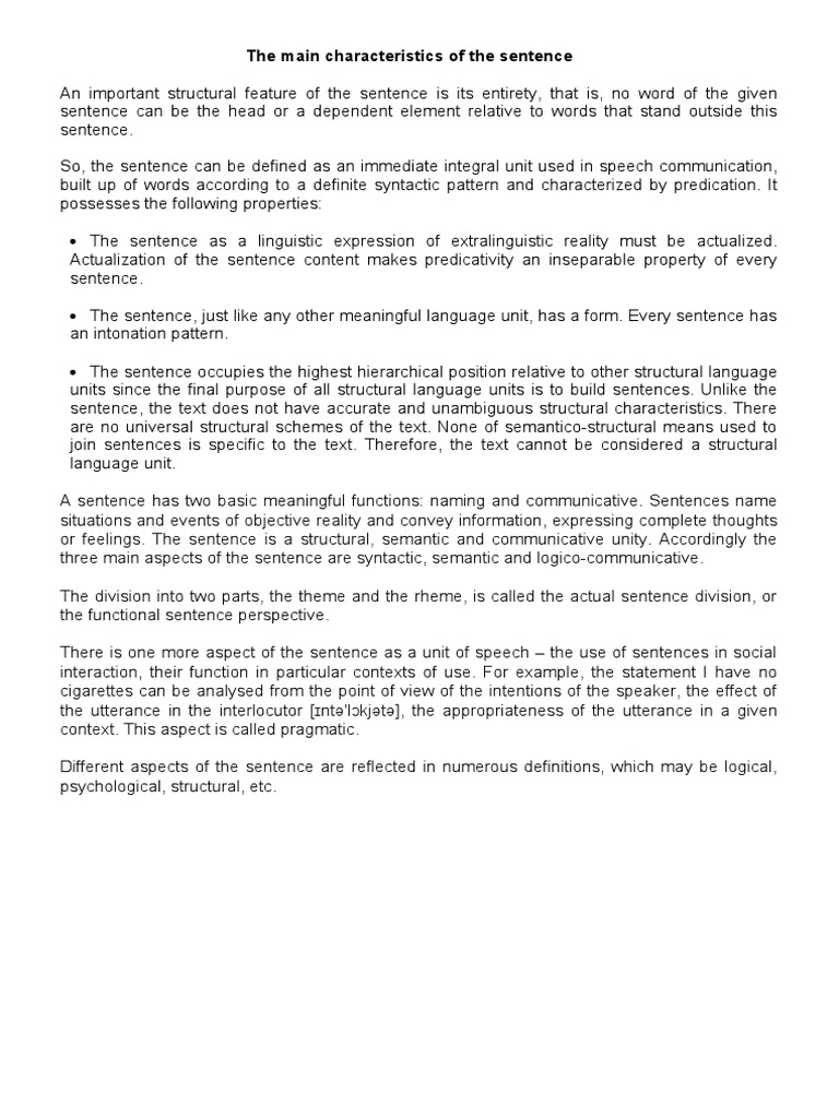 The Main Characteristics of The Sentence | PDF