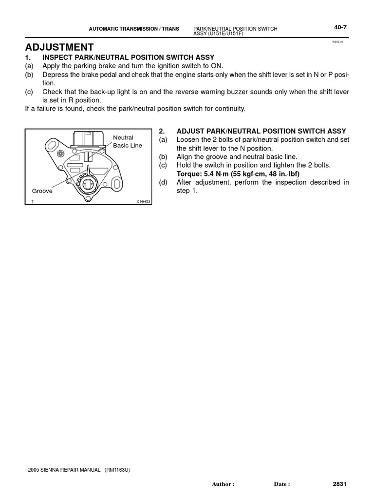 Adjustment: 1. Inspect Park/Neutral Position Switch Assy | PDF ...