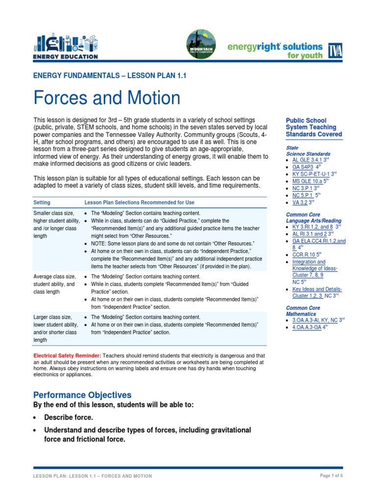 Forces and Motion: Energy Fundamentals - Lesson Plan 1.1 | PDF | Force ...
