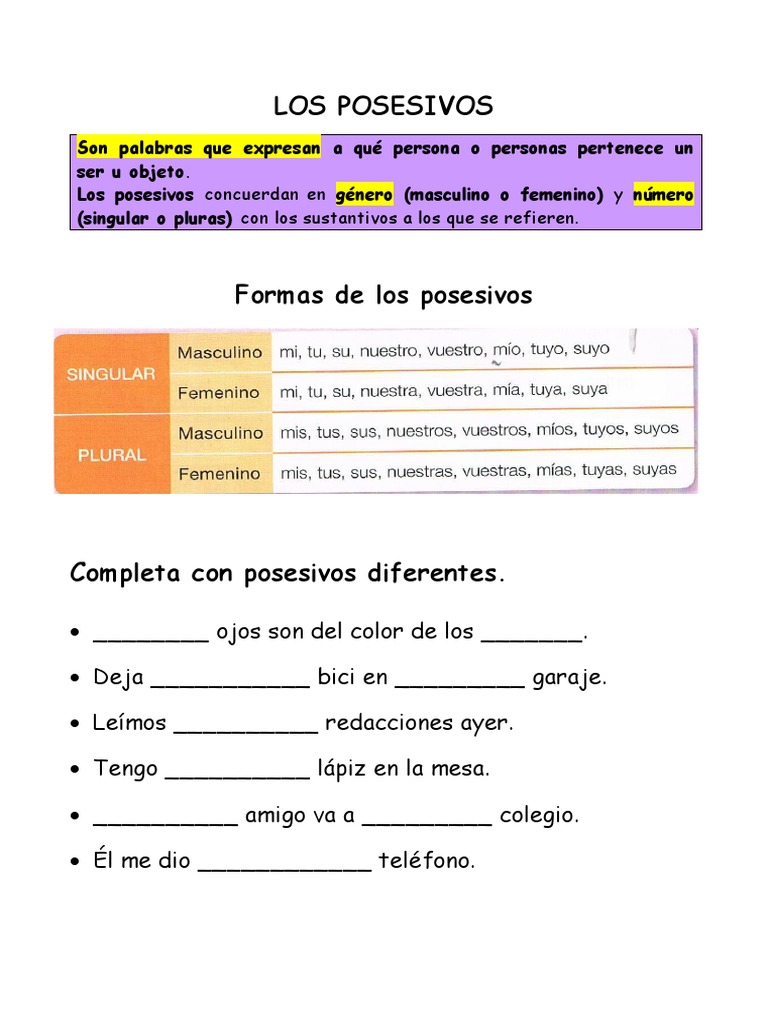 Hojas De Trabajo De Sustantivos Posesivos En Formato Pdf Todo Sobre El