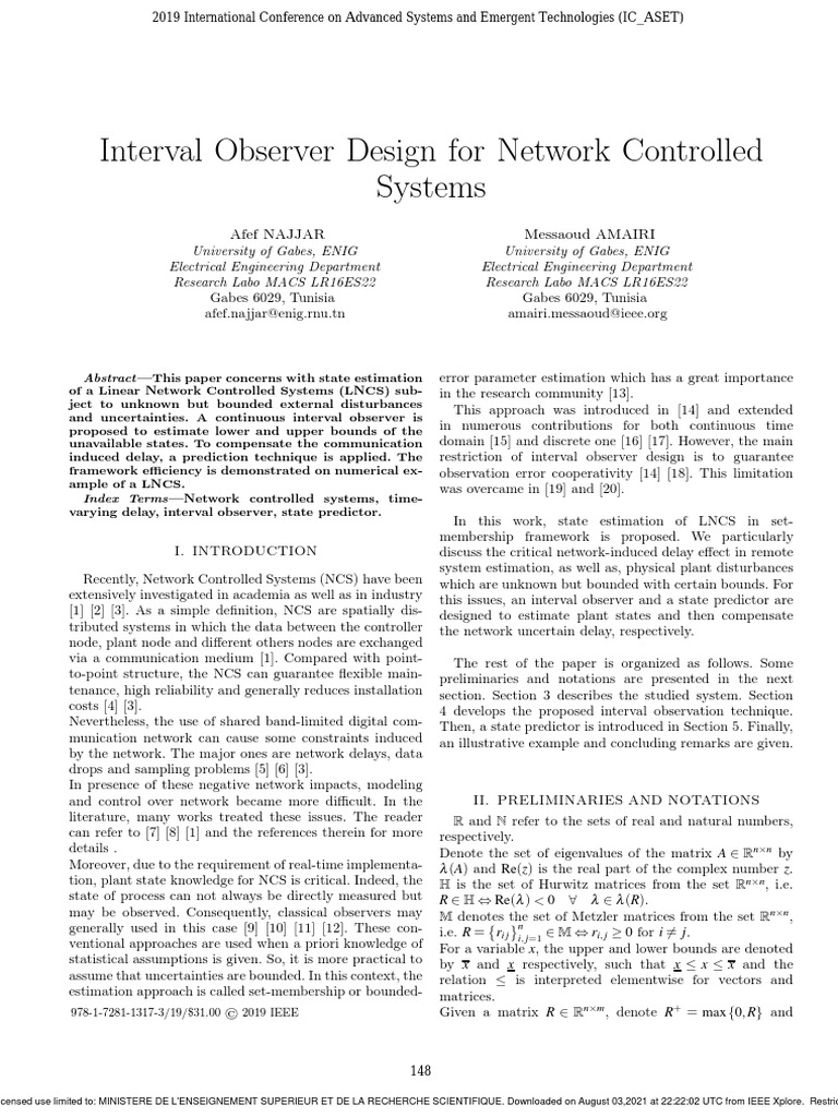 Interval Observer Design For Network Controlled Systems Pdf Matrix Mathematics Systems