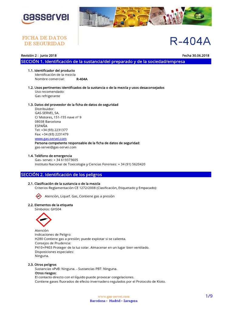 Ficha de datos de seguridad R-404A | PDF | Agua | Toxicidad