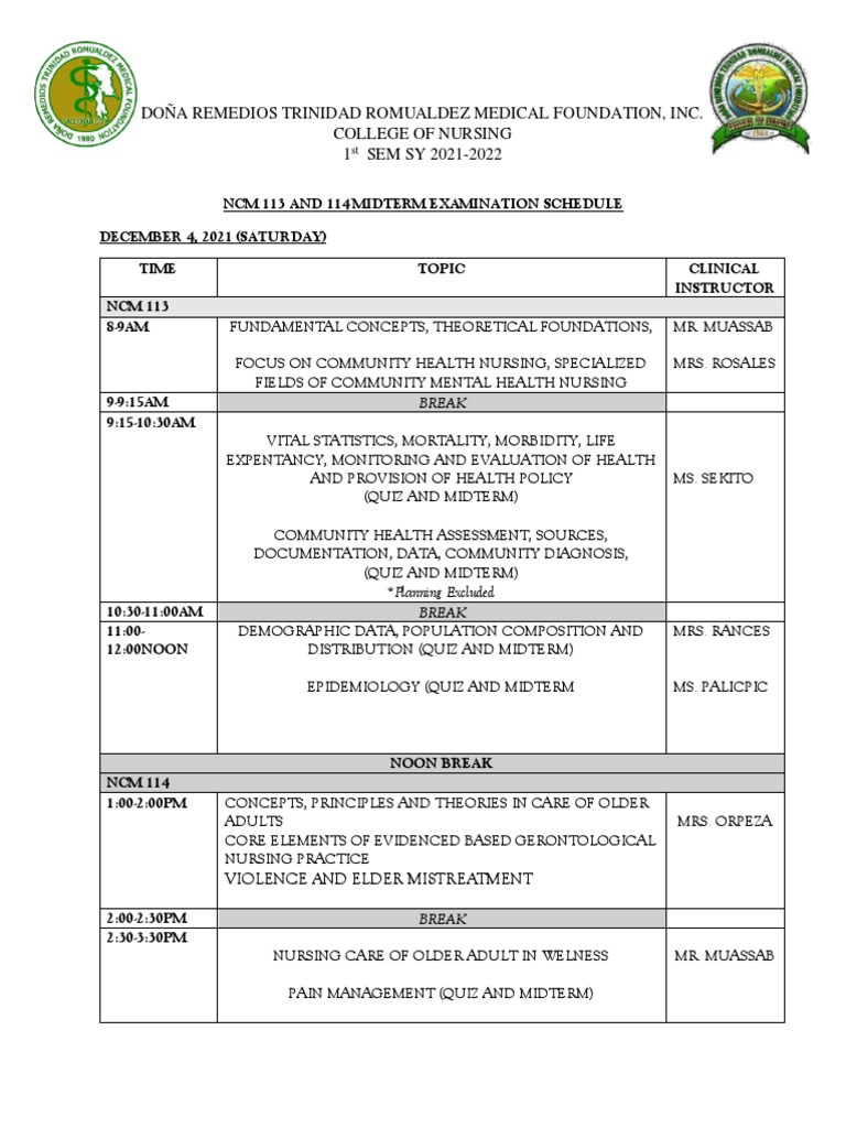 Revised Midterm Examination Schedule NCM 113 and 114 | PDF | Nursing ...