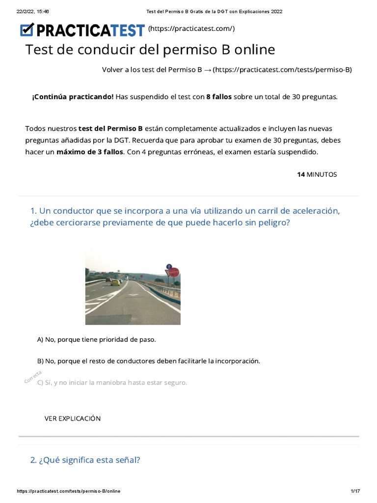 Test Del Permiso B Gratis de La DGT Con Explicaciones 2022 | PDF ...