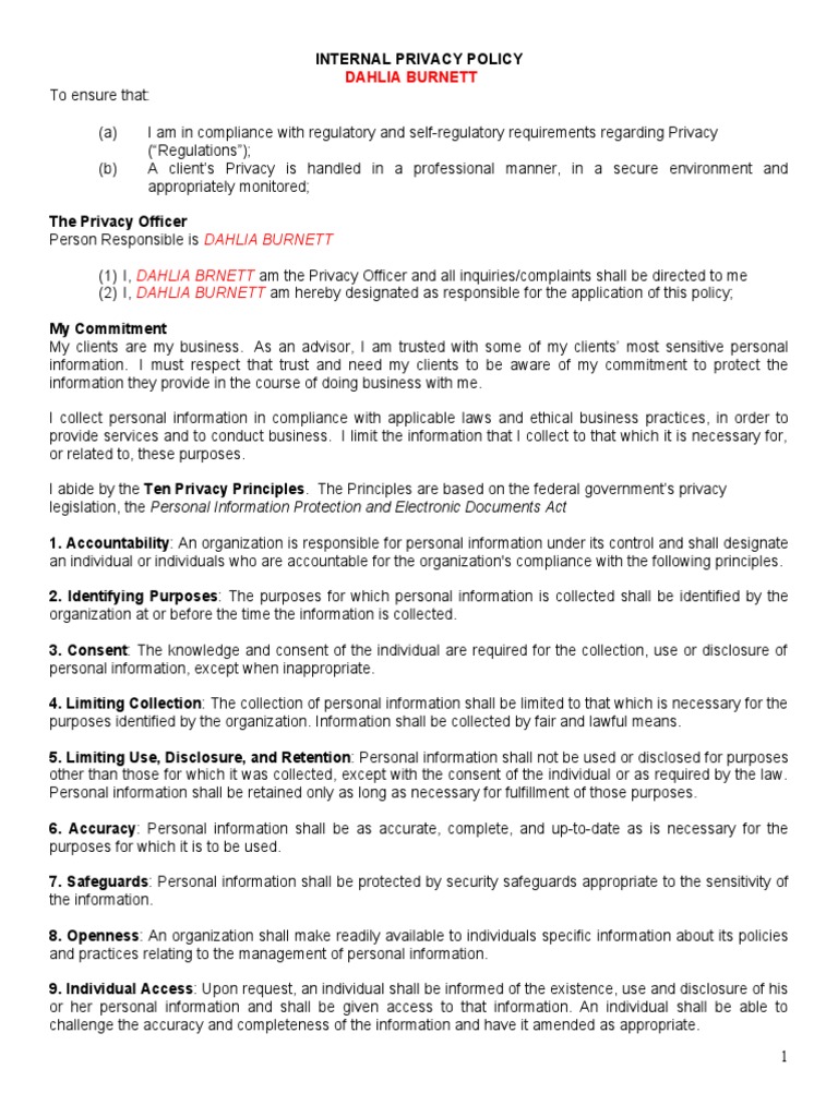 Generic Individual Advisor Internal Privacy and Breach Policy-1 | PDF ...