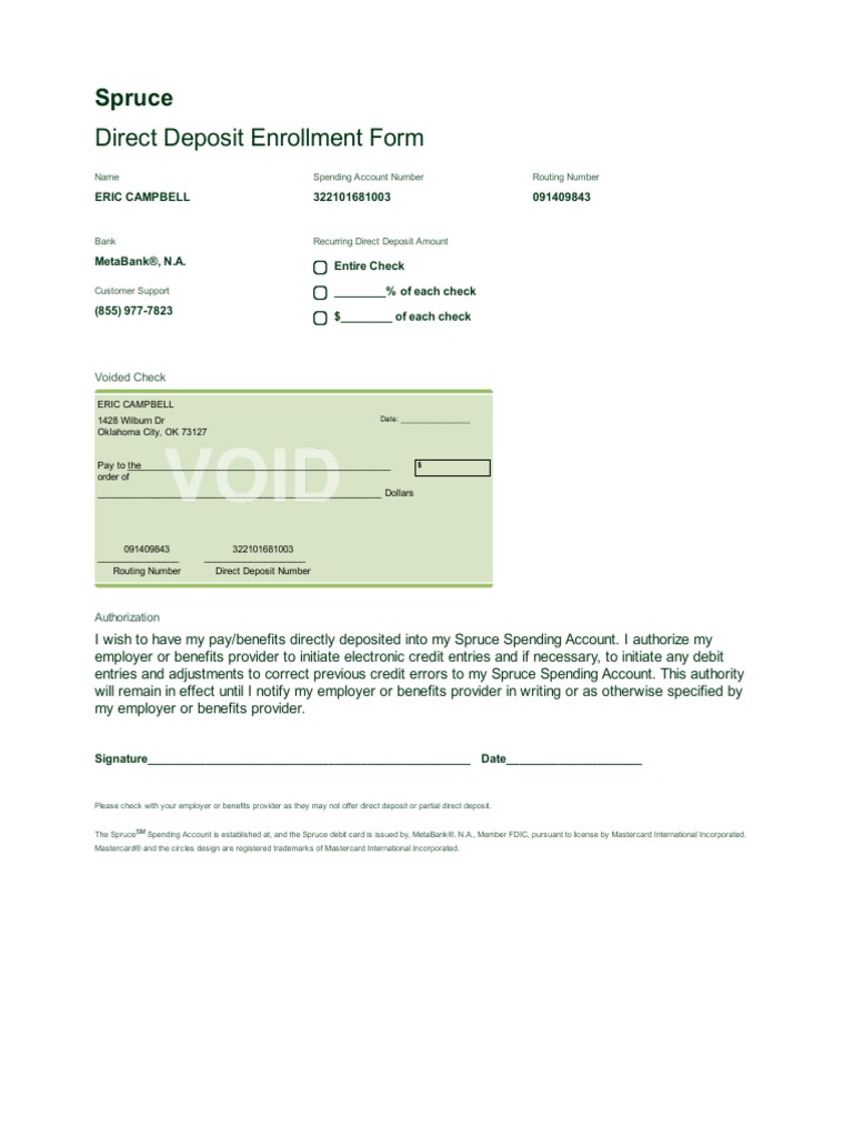 Direct Deposit Enrollment Form: Spruce | PDF