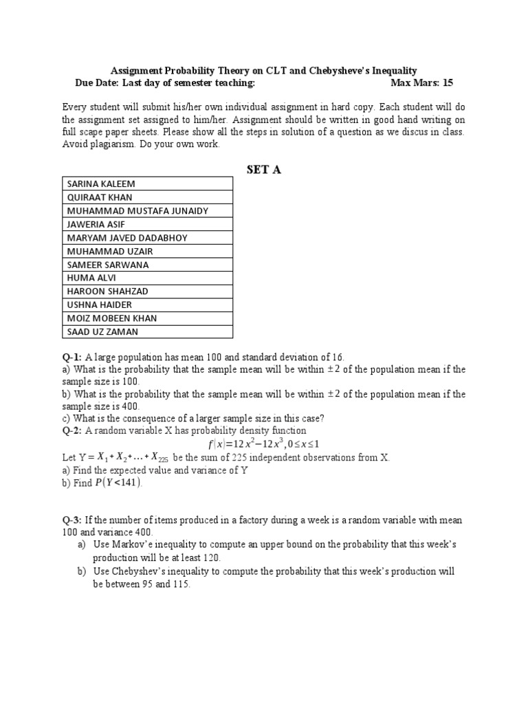 Assignment Prob Theory On Clt And Chebysheve Inequality Pdf Variance Standard Deviation