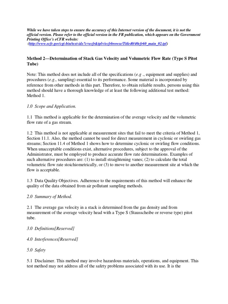 Method 2-Determination of Stack Gas Velocity and Volumetric Flow Rate ...