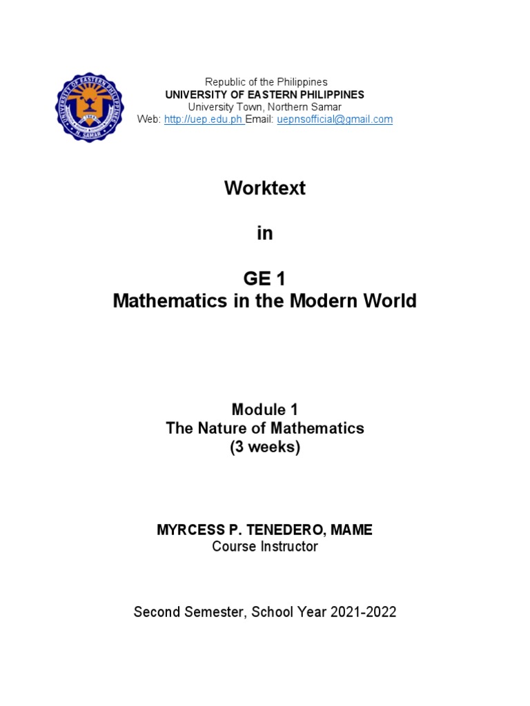 Worktext in GE1 Mathematics in The Modern World | PDF | Pattern | Grammar