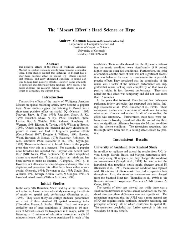 "Mozart Effect: Science vs. Hype" | PDF | Analysis Of Variance ...