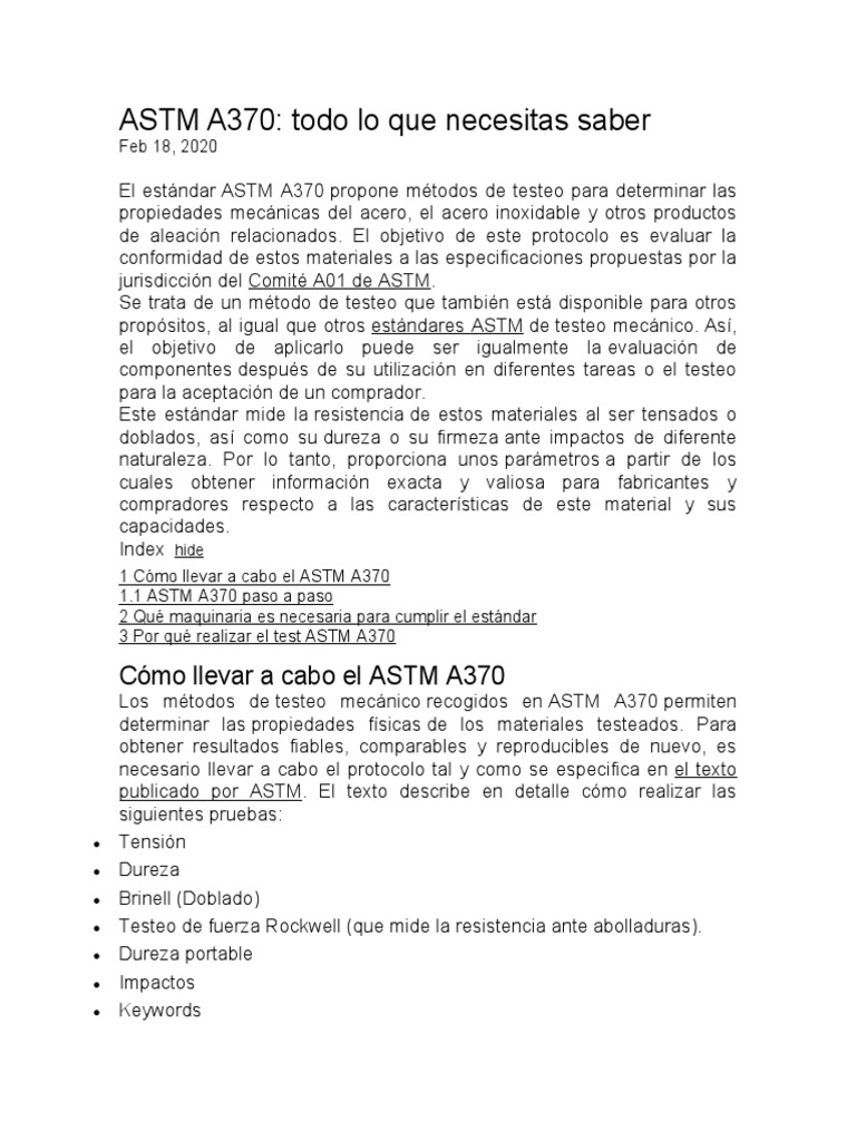 Normas Astm A370 | PDF | Acero | Dureza