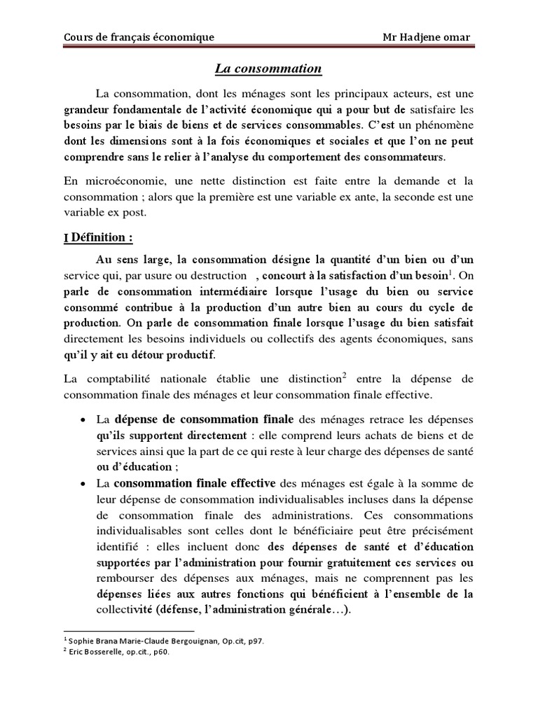 Cours 8 La Consommation | PDF | Consommation (Économie) | Revenus