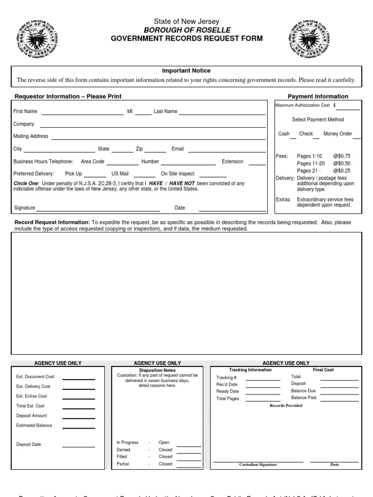 Roselle, NJ OPRA Request Form | PDF | Money Order | Mail