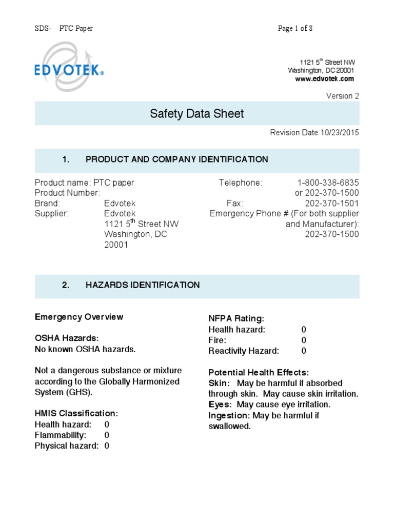 Safety Data Sheet: PTC Paper | Download Free PDF | Personal Protective ...