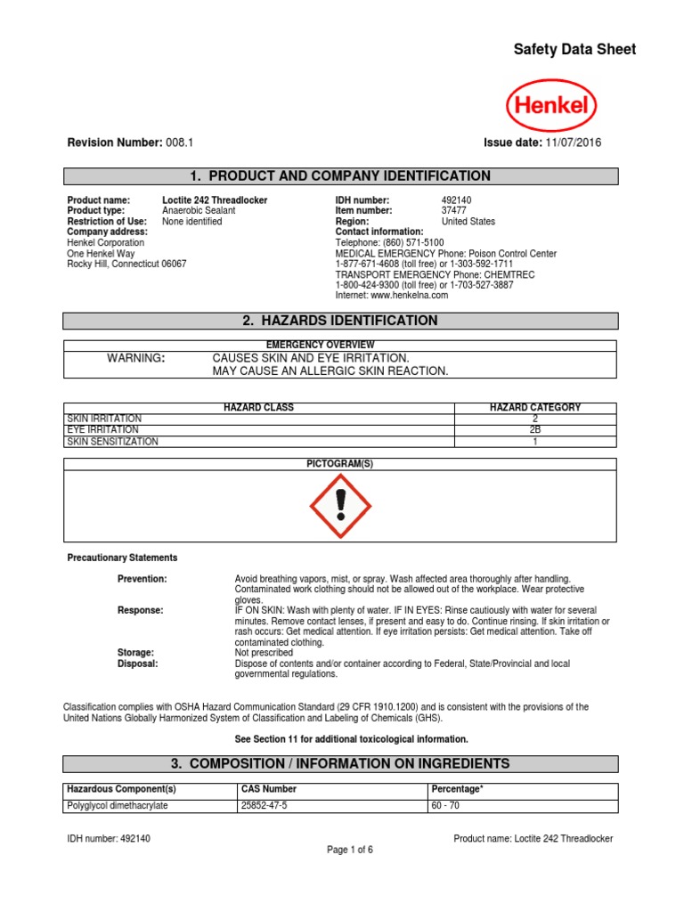 Loctite 242 Threadlocker Safety Data Sheet | PDF | Dangerous Goods ...