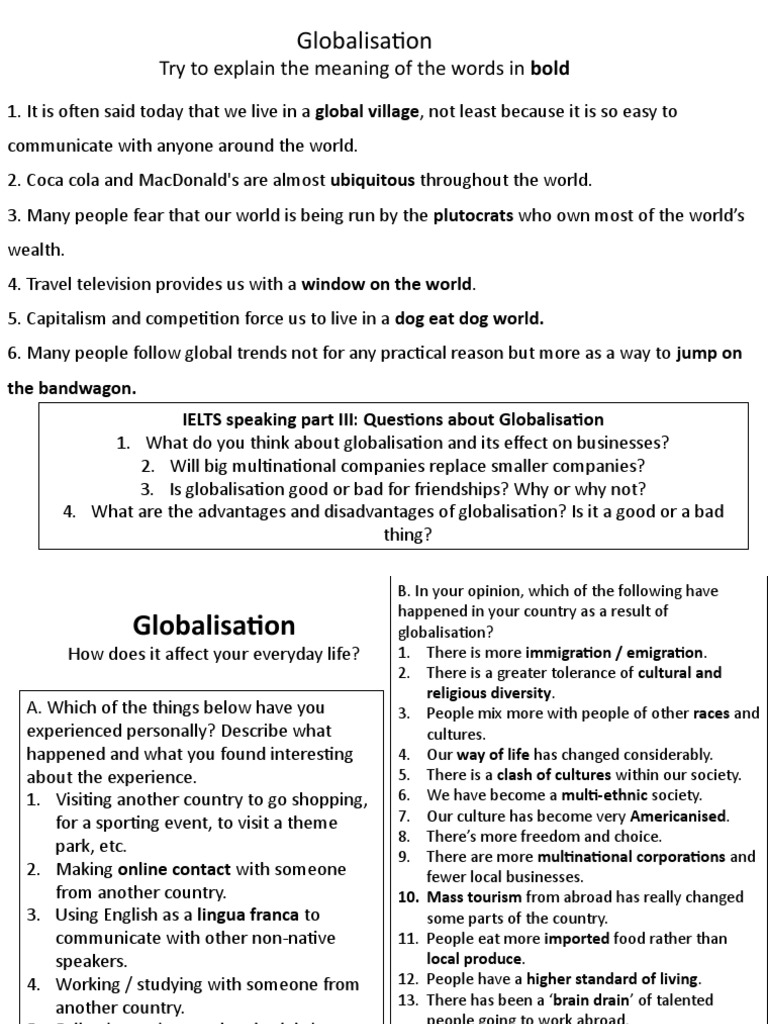 Globalisation: Try To Explain The Meaning of The Words in Bold | PDF ...