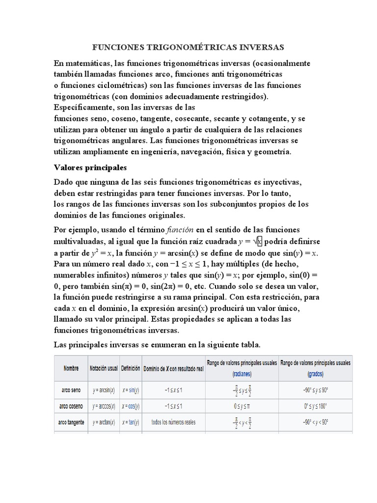 Funciones Trigonométricas Inversas | PDF | Funciones trigonométricas ...