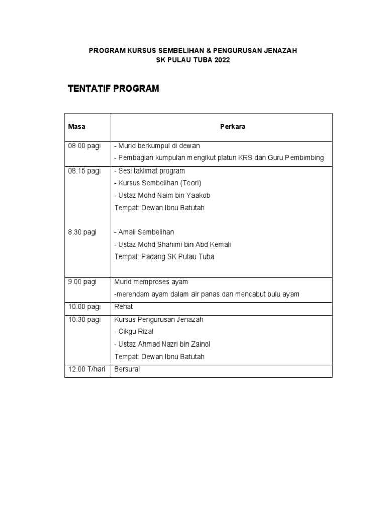 Tentatif Program Kursus Sembelihan & Pengusan Jenazah | PDF