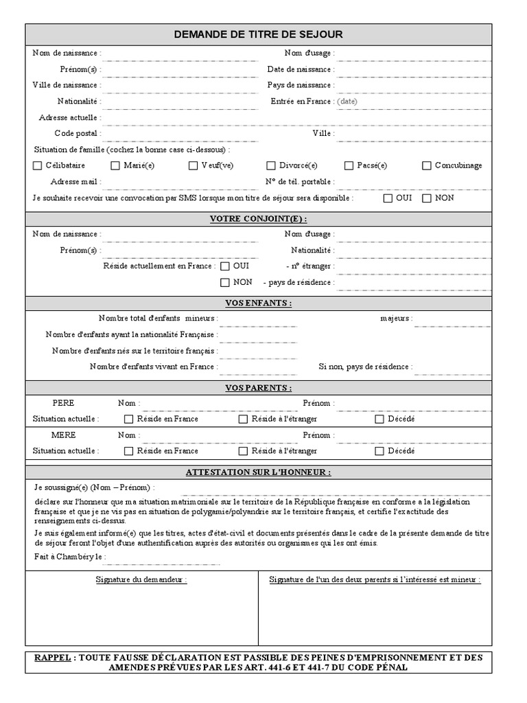 2 - Formulaire de Demande de Titre de Séjour | PDF | Gouvernement et identité | Droits de l'homme