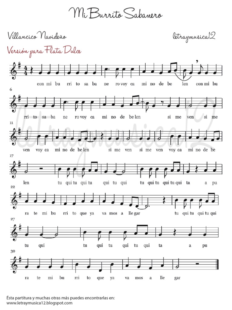 Partitura de Mi Burrito Sabanero en Flauta | PDF
