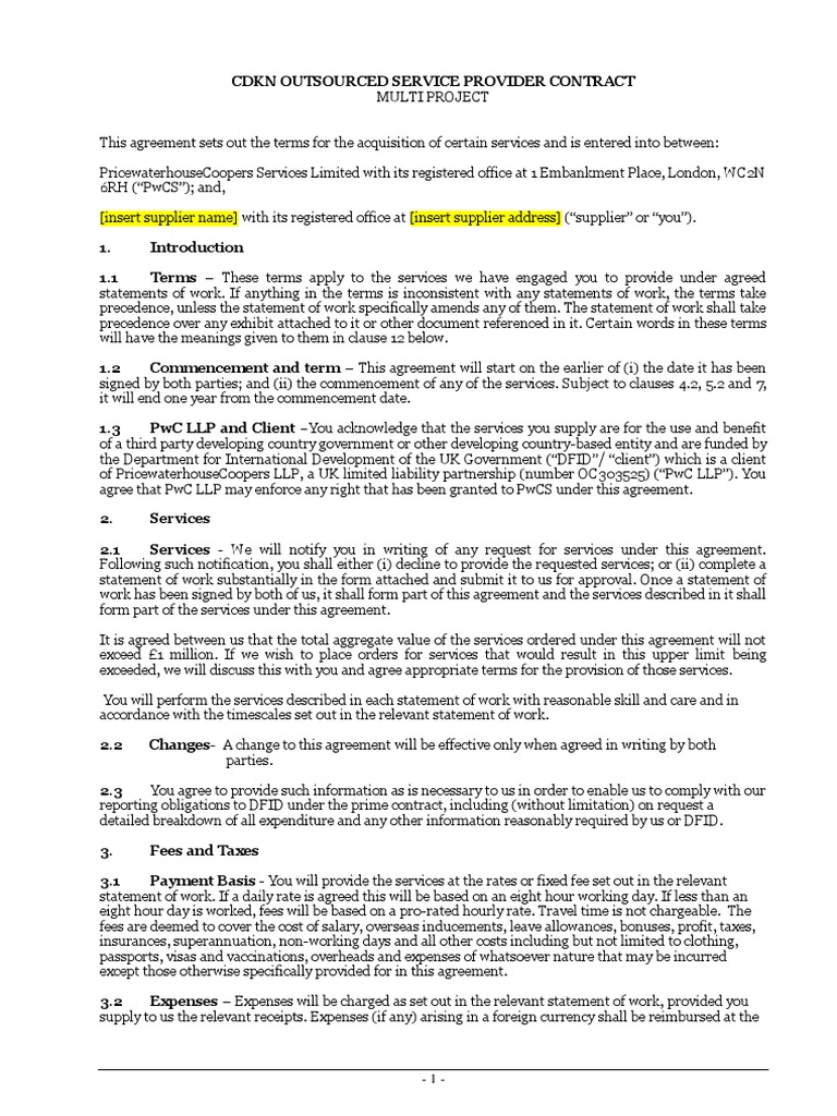 Sample Outsourced Service Provider Agreement Template | PDF | Liability ...