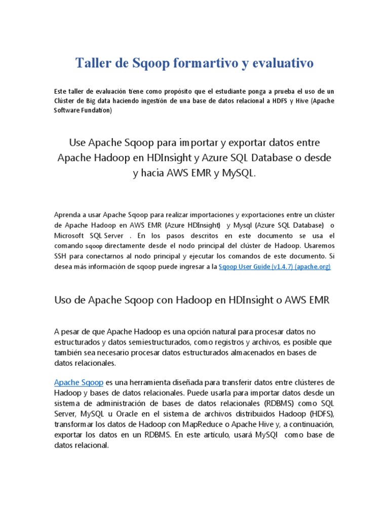 Taller Formativo Evaluación Sqoop | PDF | Mi sql | Apache Hadoop Taller Formativo Evaluación Sqoop | PDF | Mi sql | Apache Hadoop