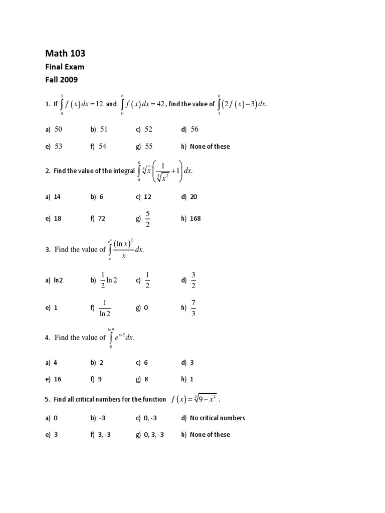 Math 103: Final Exam Fall 2009 | PDF | Maxima And Minima | Area
