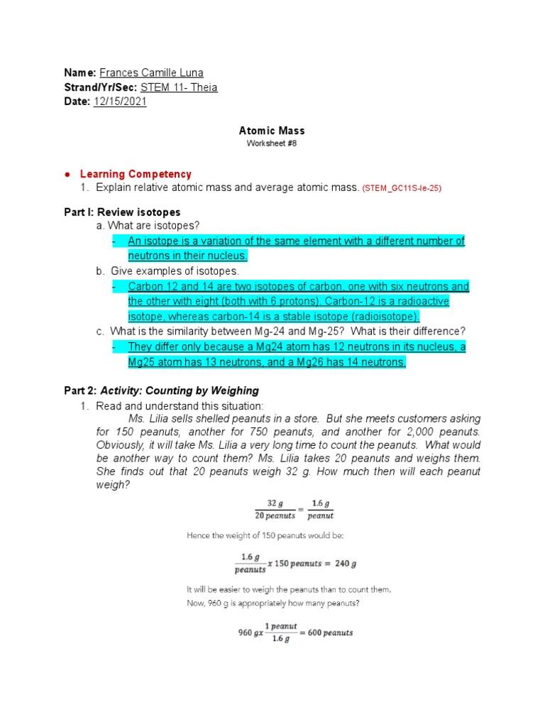 Atomic Mass Worksheet | PDF | Isotope | Atoms