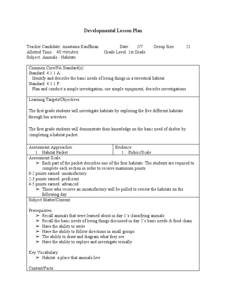 1st Grade Animal Habitats Plan | PDF | Grassland | Habitat