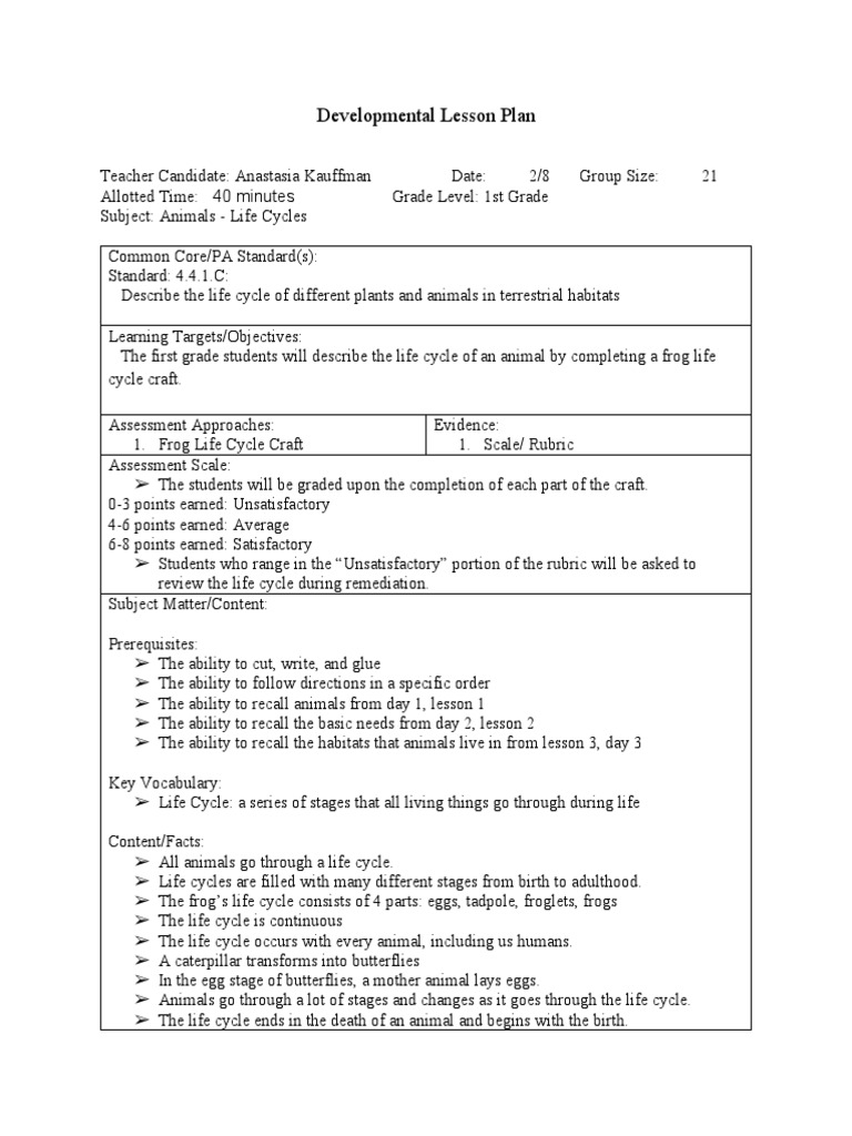 Unit Animals Lesson 4 Life Cycles | PDF | Frog | Rubric (Academic)