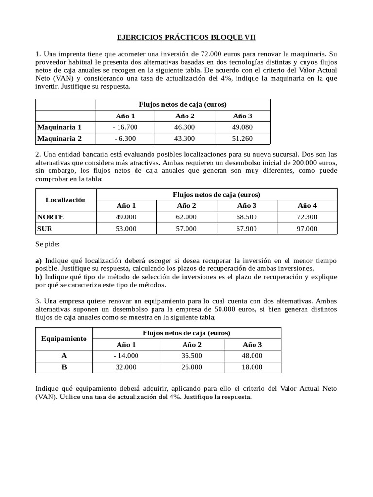 Ejercicios de Van y Payback | PDF | Economias | Inversiones
