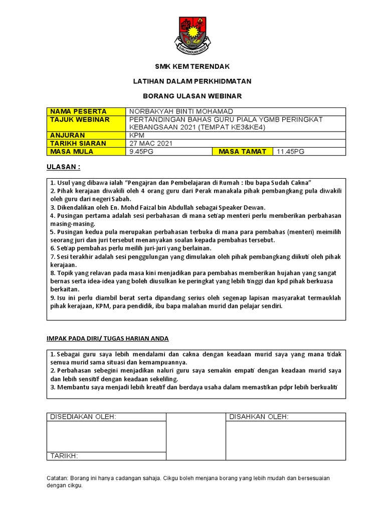 Borang Ulasan Ringkas Webinar-Bahas Guru | PDF | Karier & Perkembangan | Ilmu Sosial