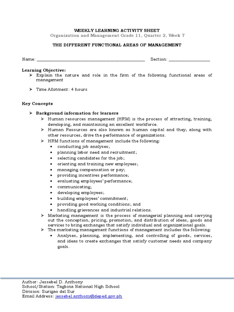 Organization and Management Grade 11, Quarter 2, Week 7: Weekly ...