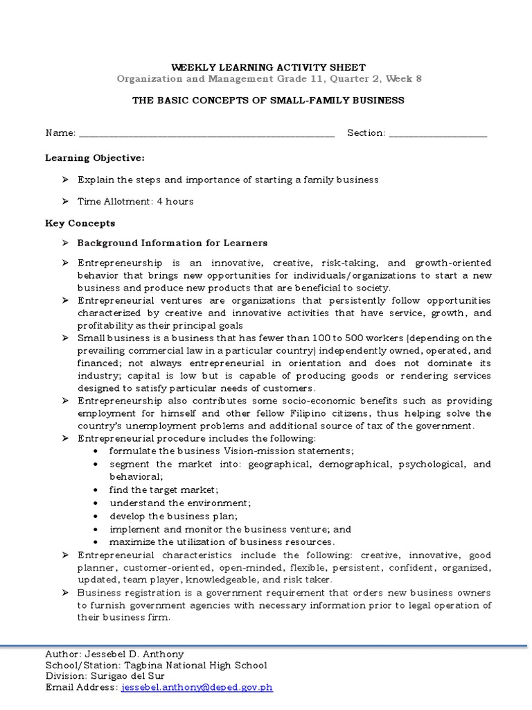 Organization and Management Grade 11, Quarter 2, Week 8: Weekly ...