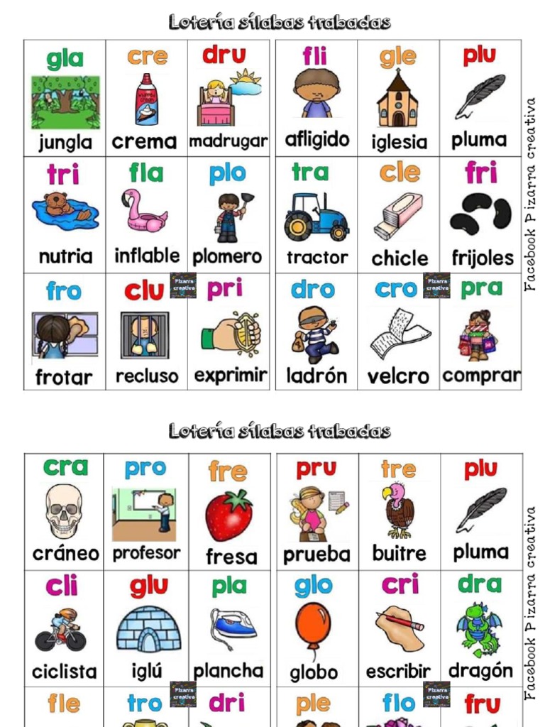 Lotería de sílabas trabadas en Facebook | PDF