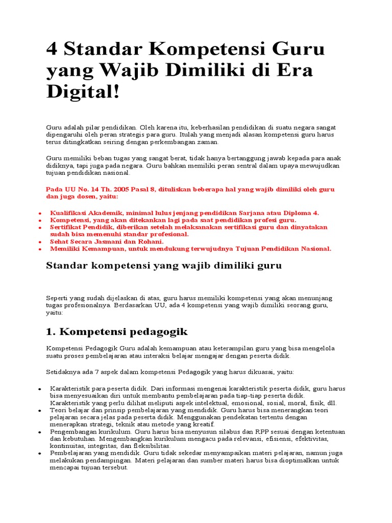 4 Standar Kompetensi Guru Yang Wajib Dimiliki Di Era Digital | PDF | Karier & Perkembangan ...