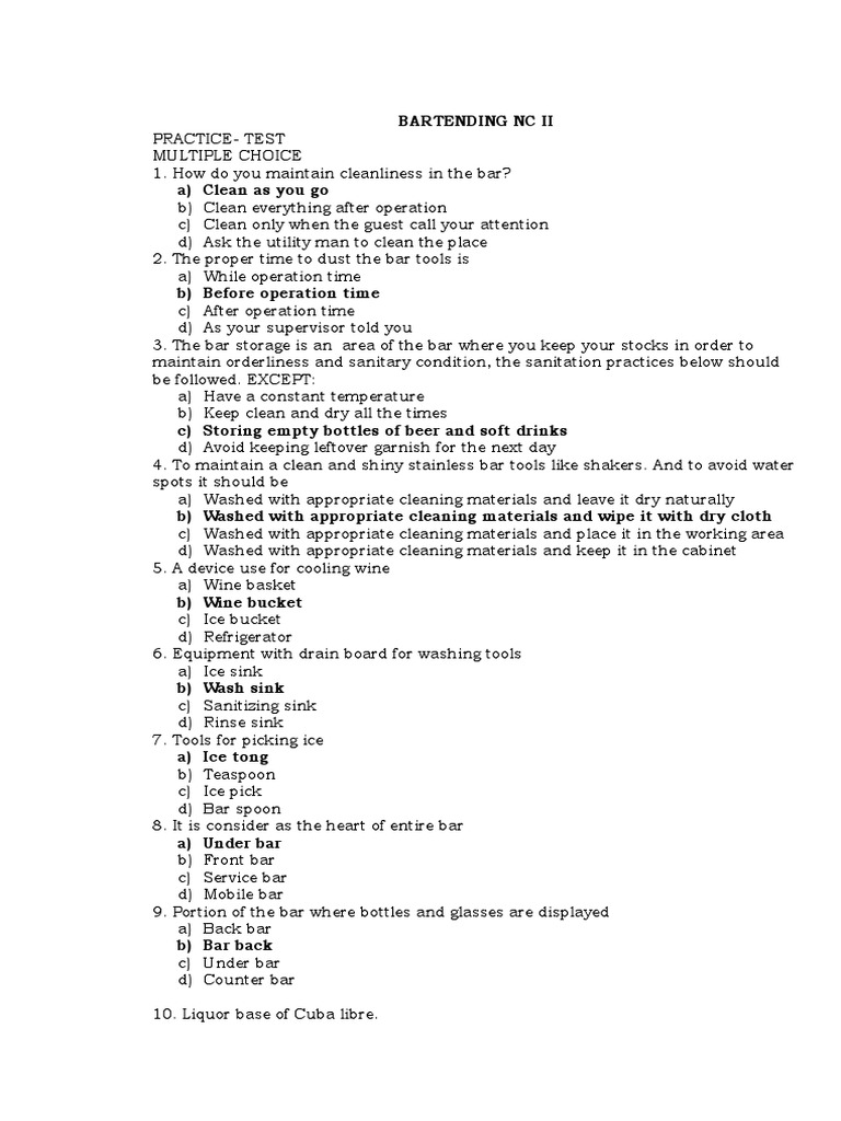 Bartending Pre Test | PDF | Drink | Wine