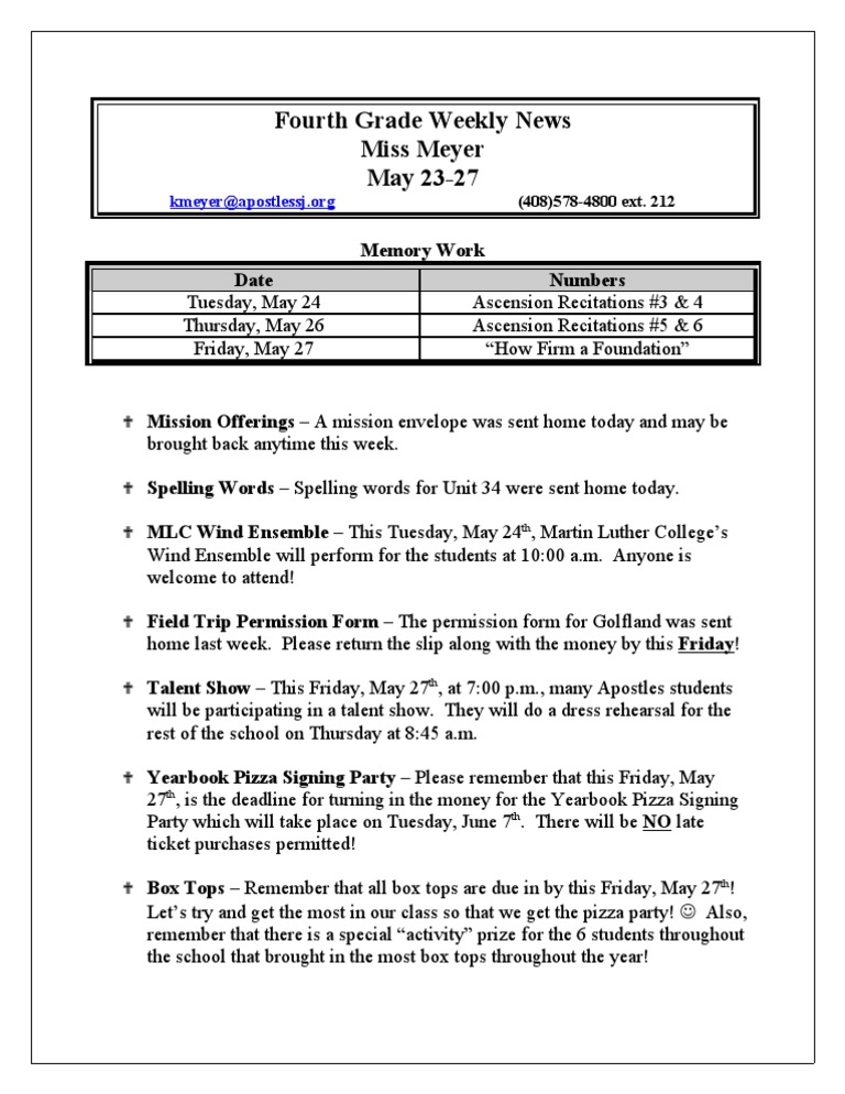 Fourth Grade Weekly News: May 23-27 | PDF
