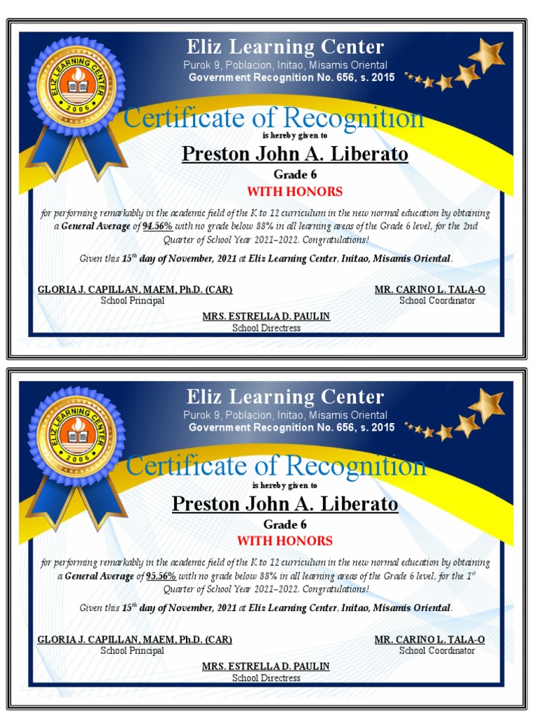 1st CERTIFICATE OF HONORS | PDF