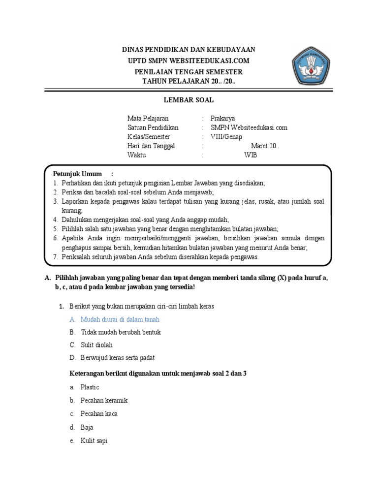 Soal PTS Prakarya Kelas 8 Genap | PDF