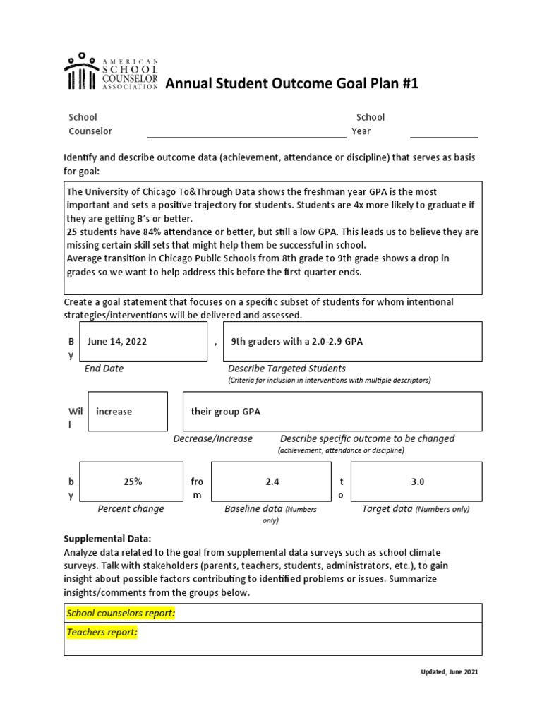 Annual Student Outcome Goal Plan 1 | PDF | Goal | School Counselor