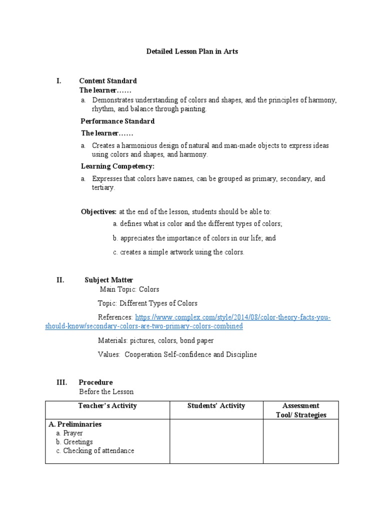Detailed Lesson Plan in Arts | PDF | Color | Teachers