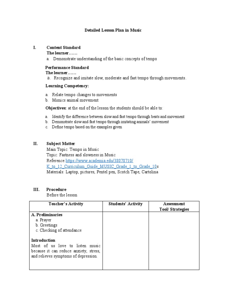 Detailed Lesson Plan in Music 4 | Download Free PDF | Tempo | Lesson Plan