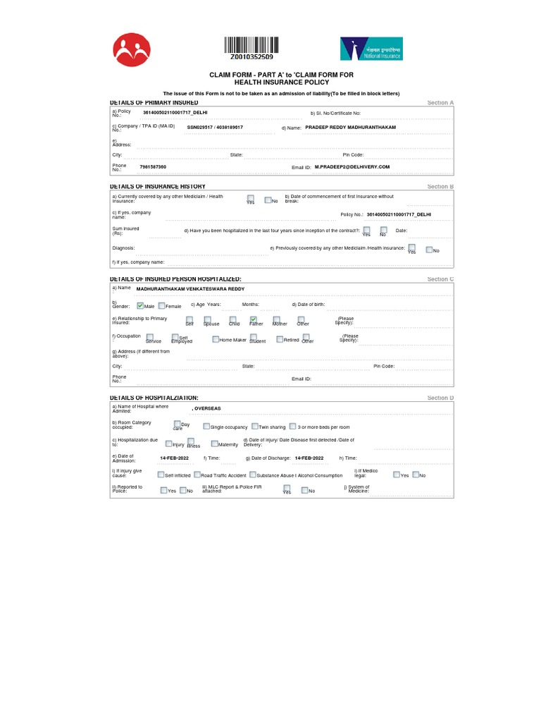 Details of Primary Insured: Claim Form - Part A' To 'Claim Form For ...
