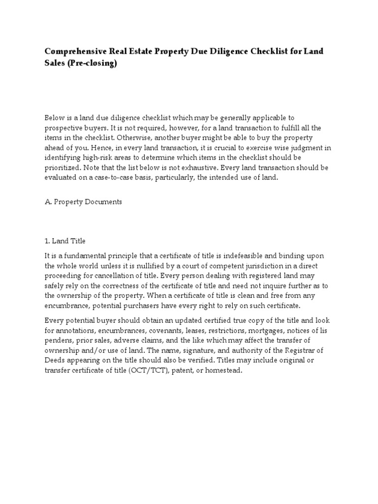 Comprehensive Real Estate Property Due Diligence Checklist For Land ...