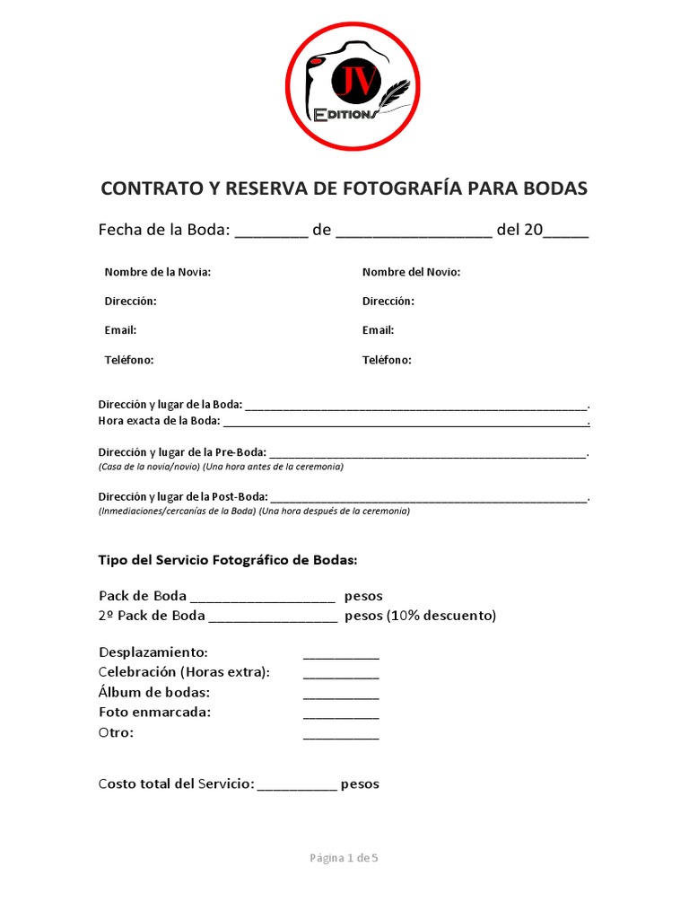 Contrato De Fotografia Para Bodas Pdf Boda Fotógrafo