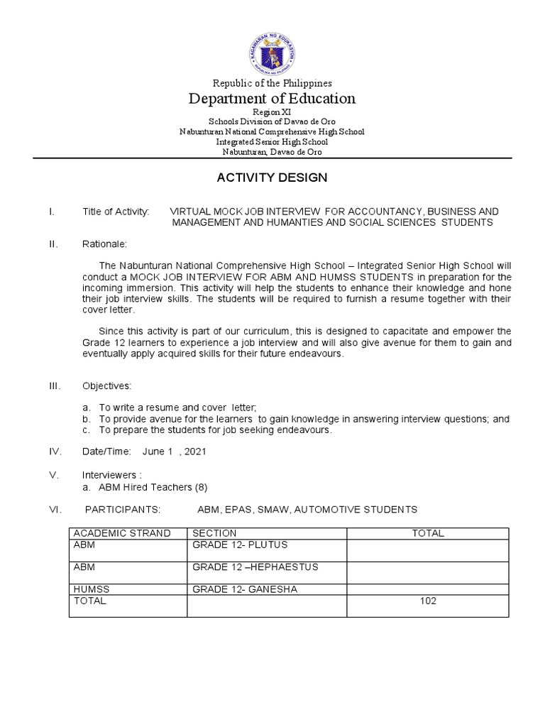 Activity Design-Mock Job Interview2021 | PDF | Job Interview | Learning