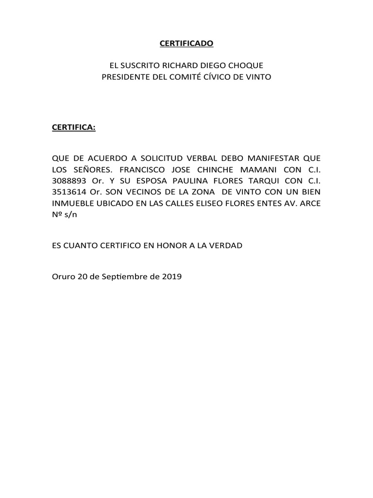 Certificado Junta Vecinal Vinto | PDF